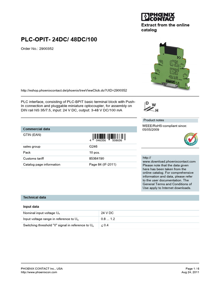 PLC-OPIT-24DC/ 48DC/100: Order No.: 2900352 | PDF | Programmable Logic ...