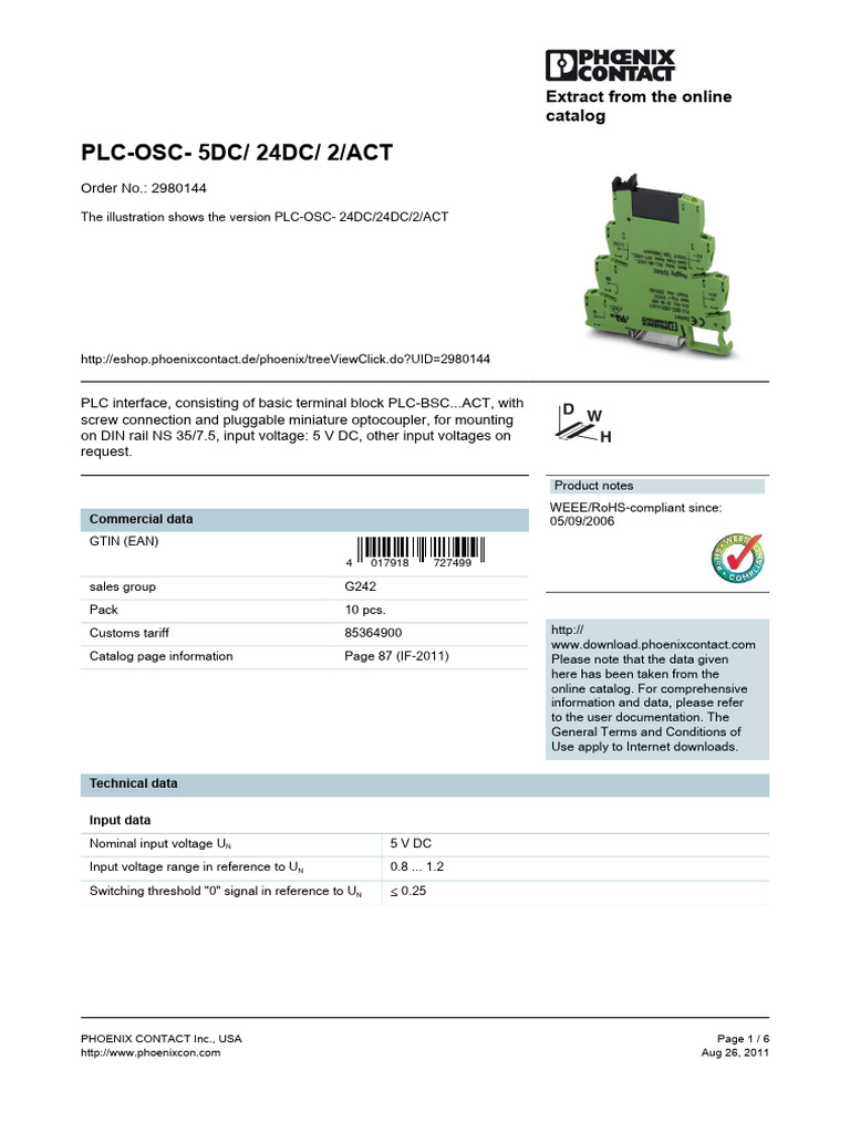 PLC-OSC-5DC/ 24DC/ 2/ACT: Order No.: 2980144 | Download Free PDF ...