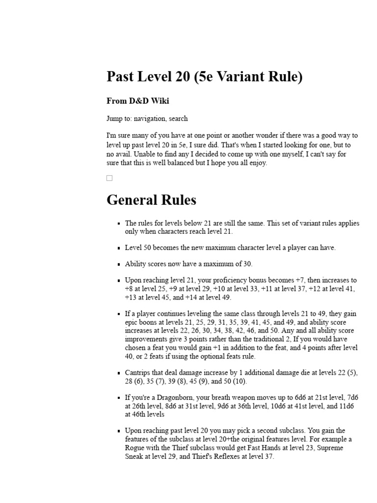 D&D 5E Variant: Leveling Past 20 | PDF | Role Playing Games | Wizards ...