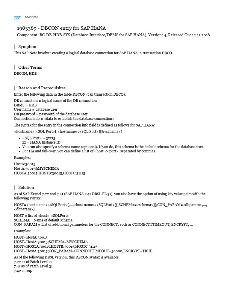 DBCON Entry For SAP HANA: Symptom | PDF | Databases | Database Schema