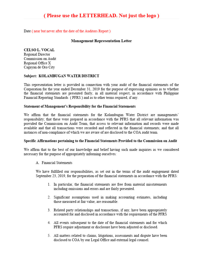 Kolambugan Water Audit Letter | PDF | Financial Audit | Internal Control