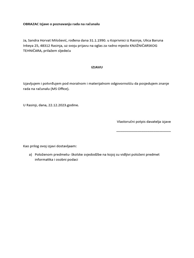 OBRAZAC Izjave o Poznavanju Rada Na Računalu | PDF