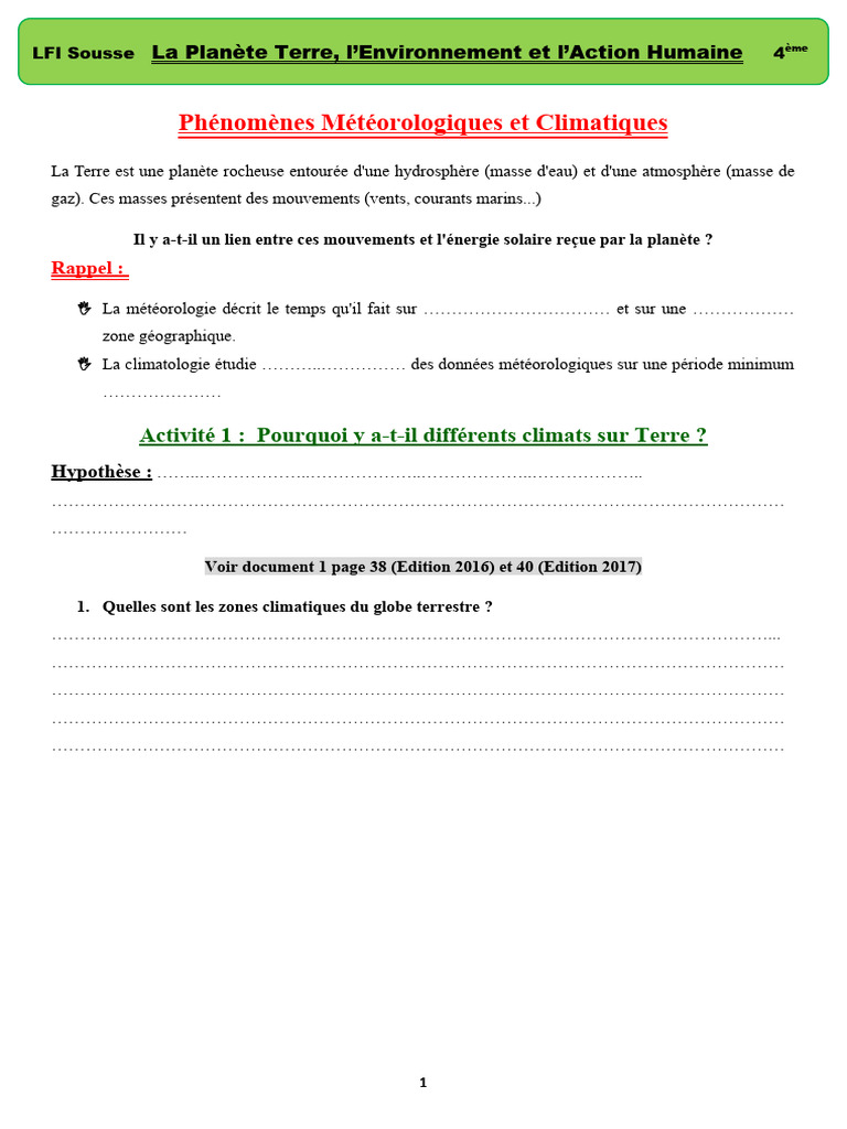 Phénomènes Météorologiques Et Climatiques 4ème CE | PDF | Terre ...