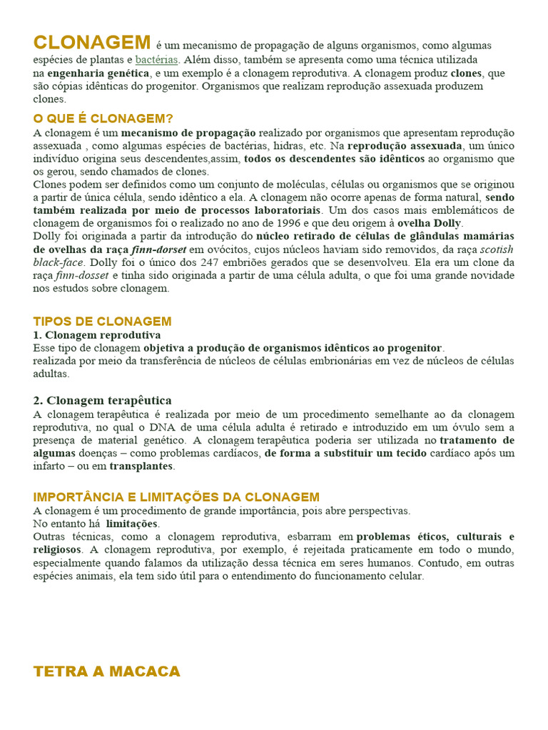 Tipos e Importância da Clonagem | PDF | Clonagem | Reprodução