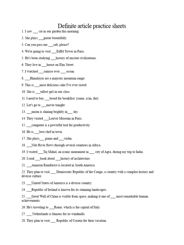 Definite Article Practice Exercises | PDF | Travel | Art