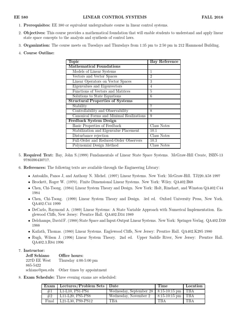 Ee580 Syllabus f16 | PDF | System Of Linear Equations | Vector Space