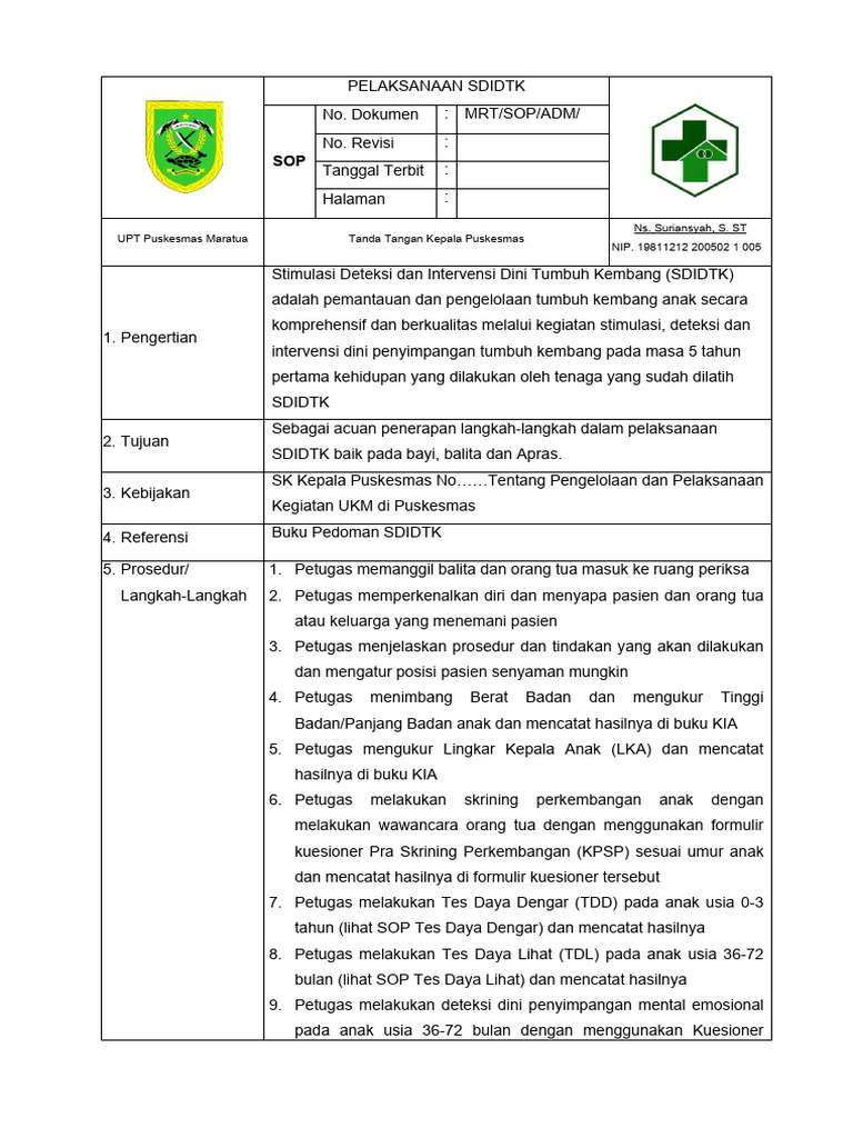 Sop Pelaksanaan Sdidtk | PDF | Kesehatan Holistik