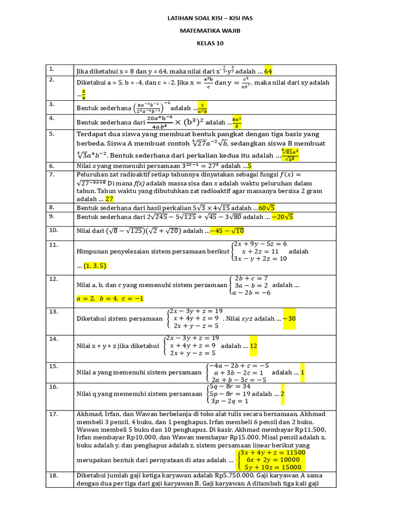 Latihan Soal Kisi-Kisi MTK W | PDF