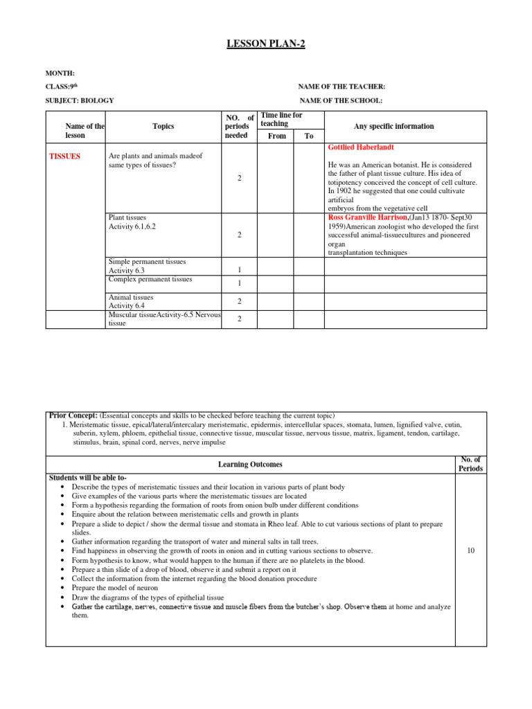 9.2 Lesson Plan | PDF | Tissue (Biology) | Morphology (Biology)