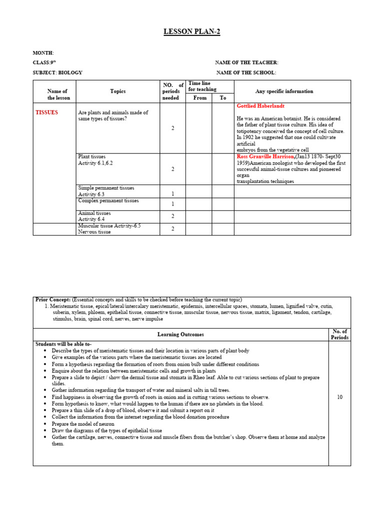 9.2 Lesson Plan | PDF | Tissue (Biology) | Zoology