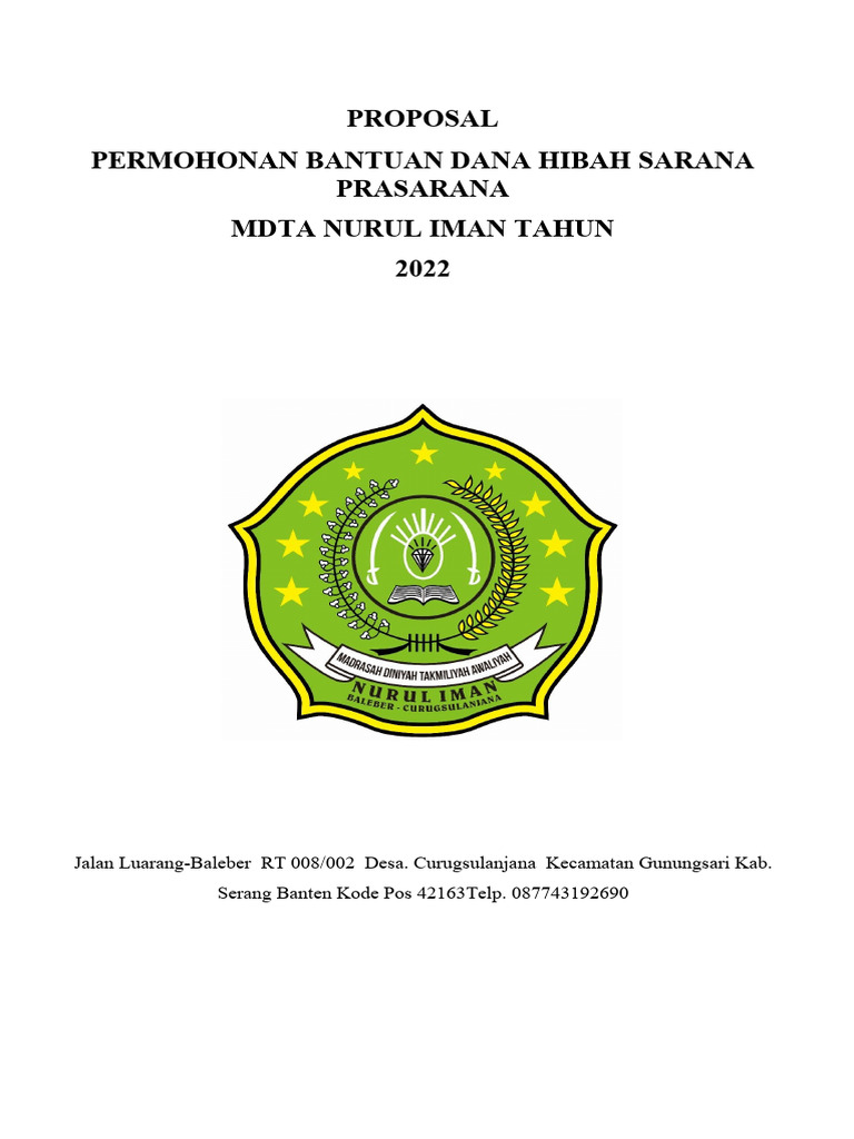 Proposal Permohonan Bantuan Dana Hibah Sarana Prasarana Mdta Nurul Iman Tahun 2022 | PDF