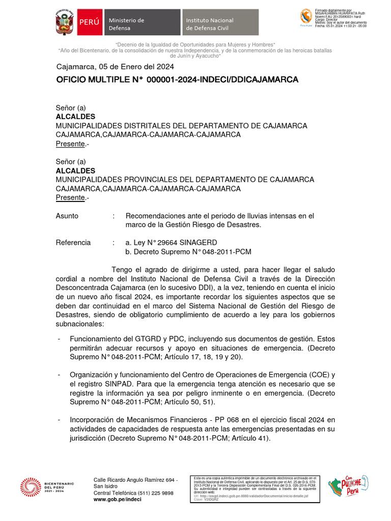Oficio Multiple-000001-2024-Ddicajamarca - 240110 - 100749 | PDF | Defensa Civil | Perú