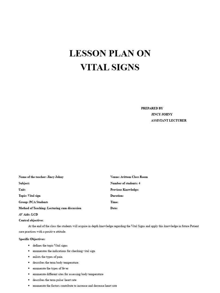 Lesson Plan on Vital Signs | PDF | Blood Pressure | Breathing