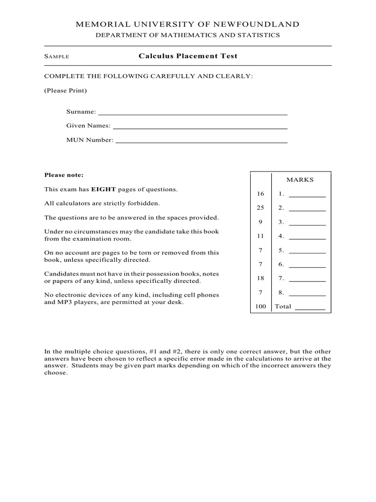 MUN Calculus Placement Test | PDF | Analysis | Mathematical Concepts
