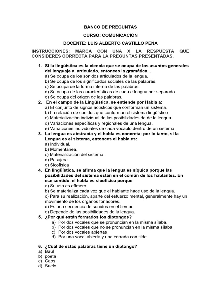 Banco de preguntas 02 15 | PDF | Lingüística | Habla