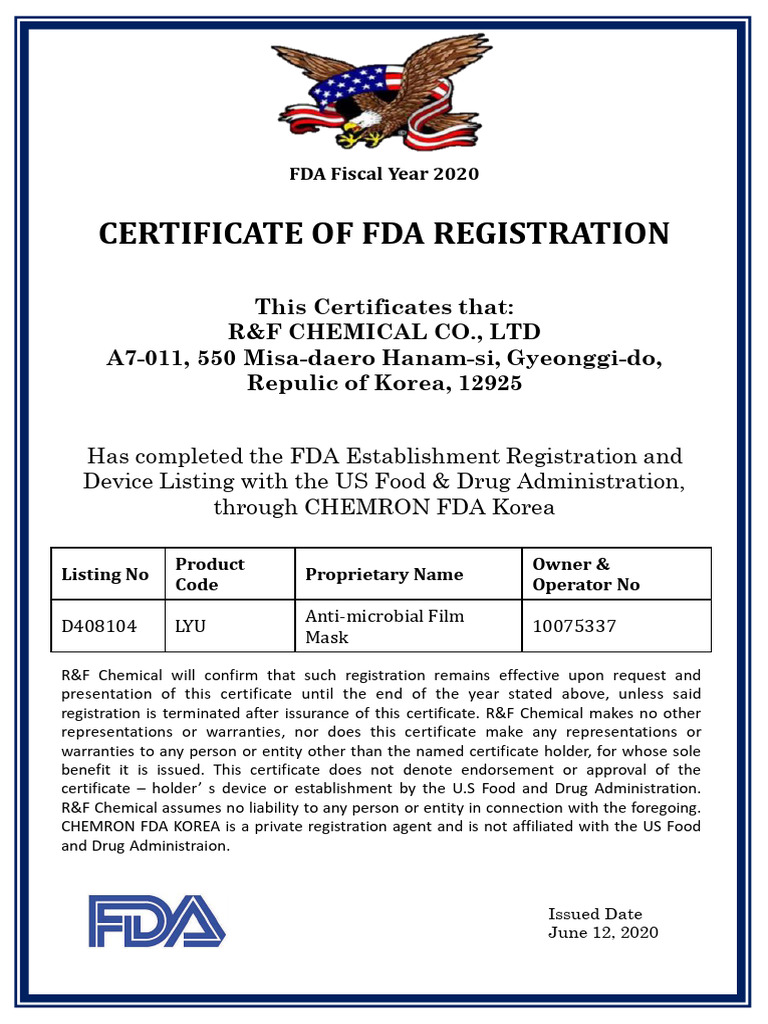 FDA - Certificate of Mask - R&F Chemical | PDF