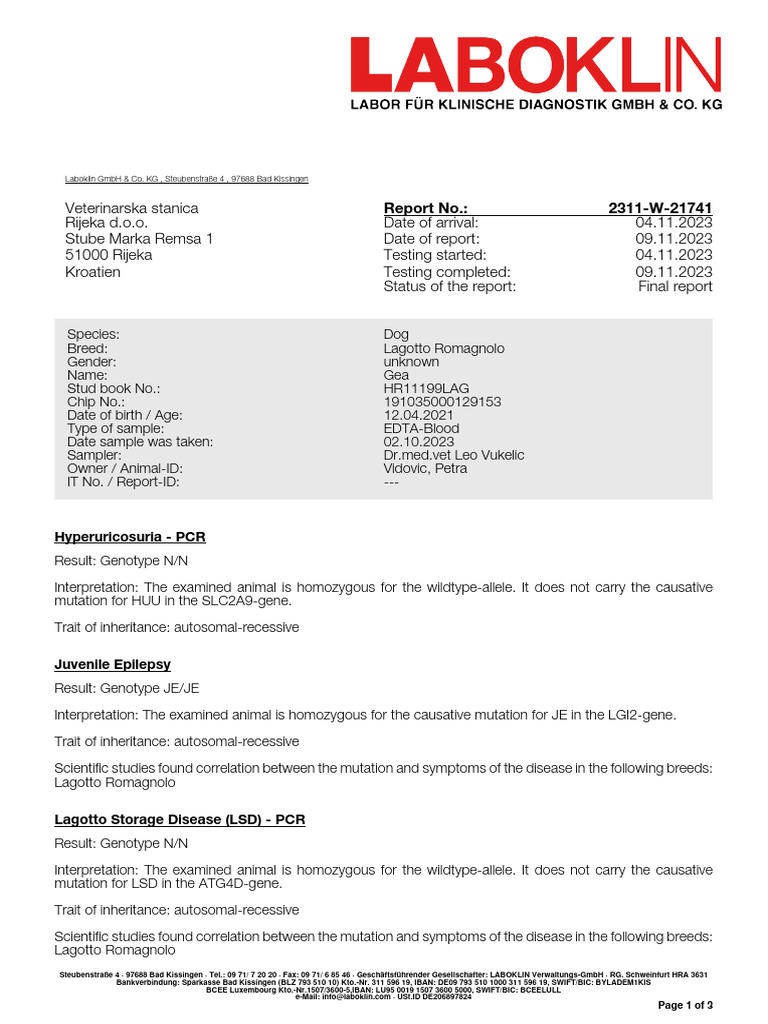 Report No.: 2311-W-21741: Hyperuricosuria - PCR | PDF | Dominance ...