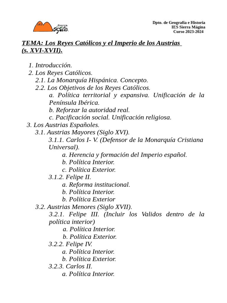 Guión Tema 4 Reyes Católicos y Austrias Españoles 23-24 | PDF | Imperio español | España