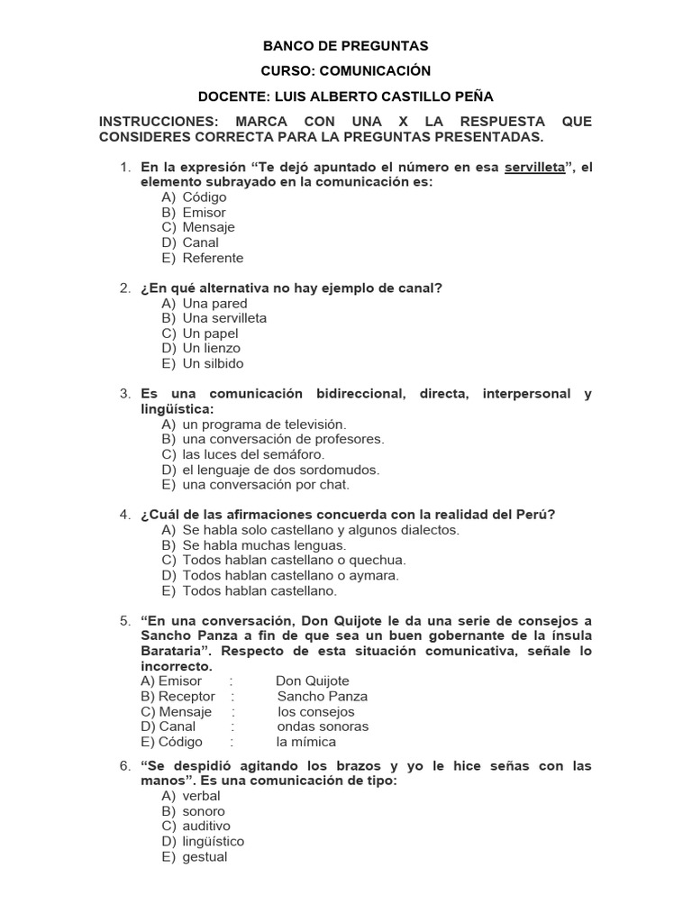 Banco de preguntas 1 - sesión 01 14 | PDF | Palabra | Lingüística