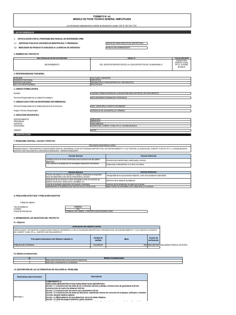 Formato #05: Modelo de Ficha Técnica General Simplificada: I. Datos Generales | PDF ...
