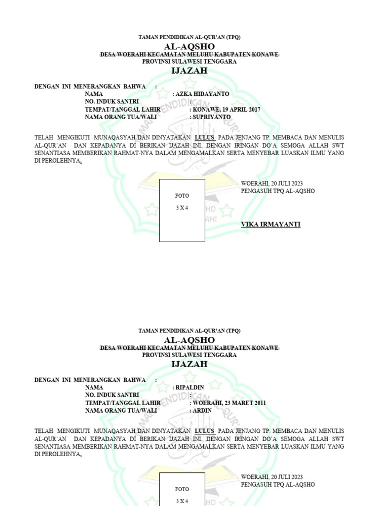 Ijazah TPQ Al-Aqsho Konawe | PDF