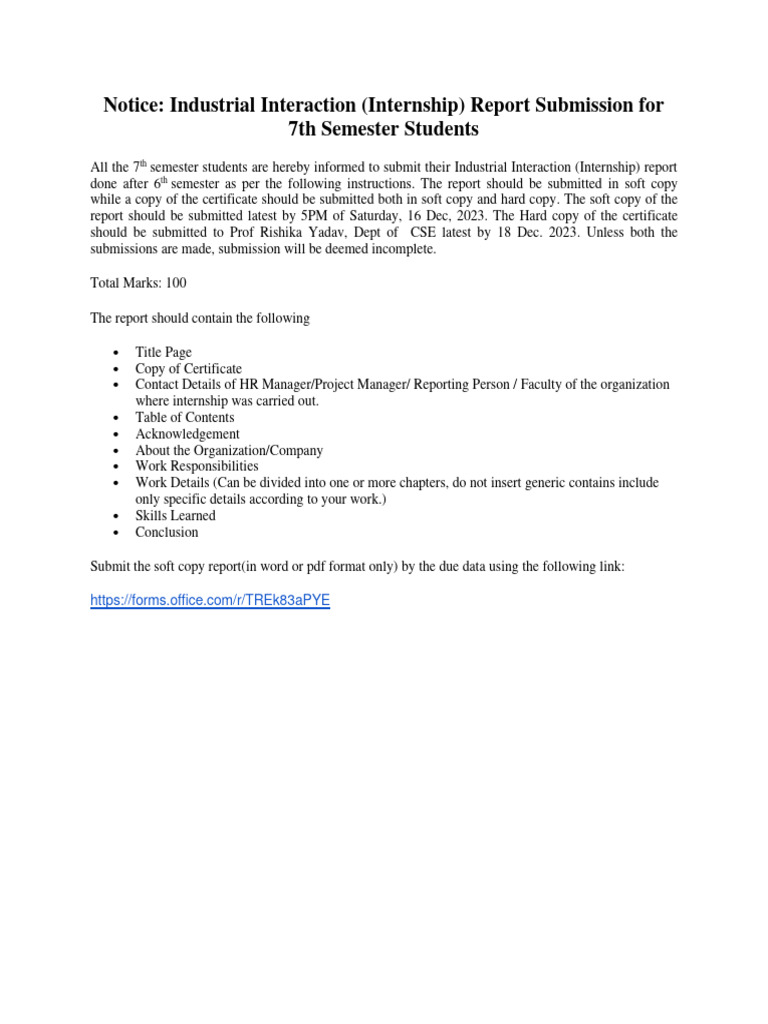 Industrial Interraction Internship Report Submission For 7th Sem Students | PDF