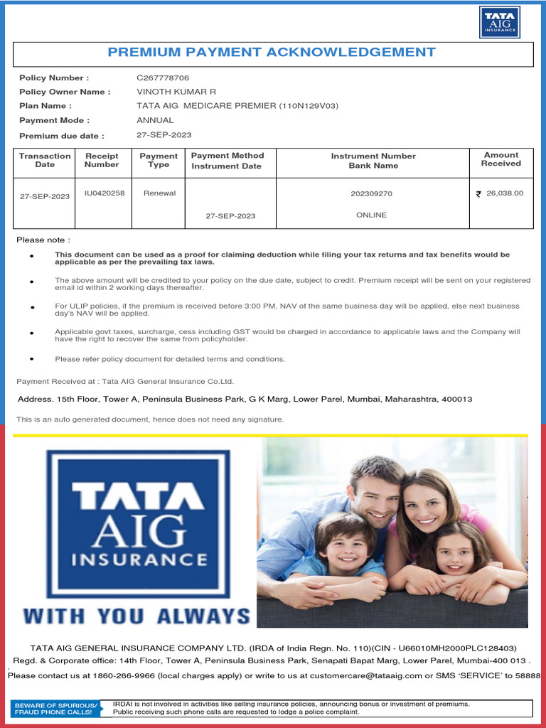 Premium Payment Acknowledgement | PDF | Insurance | Business Law