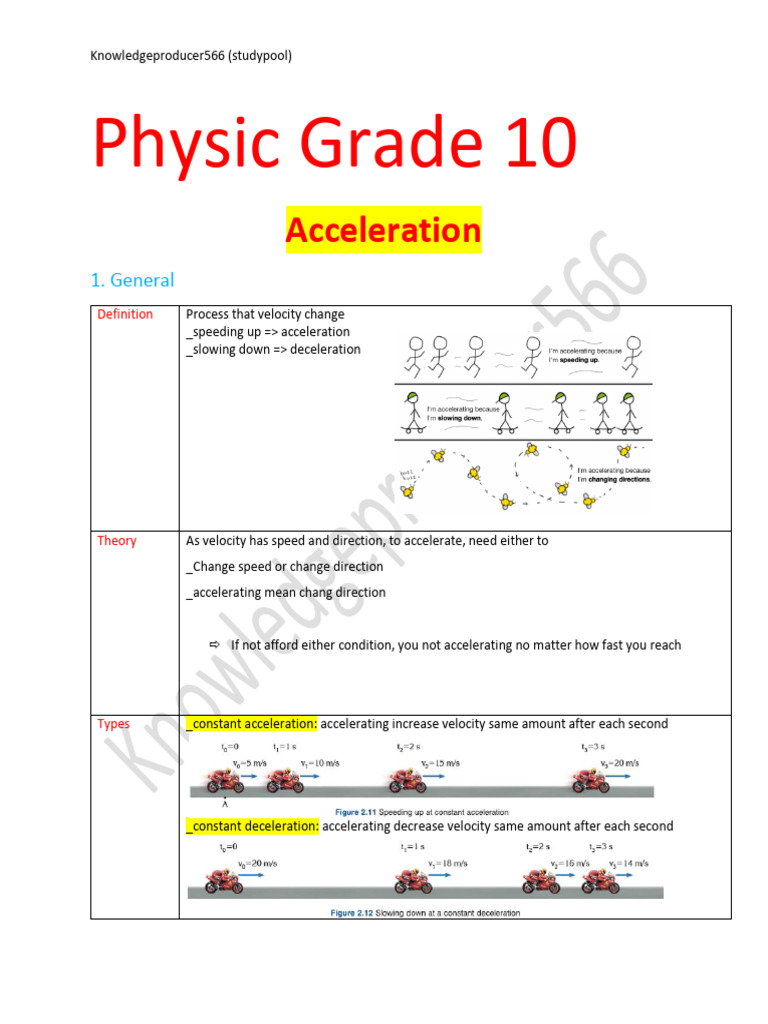 Physic Grade 10 Acceleration | PDF