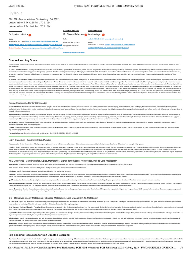 Sp23 - BCH369 (55340) BioChemistry | PDF | Metabolism | Glycolysis
