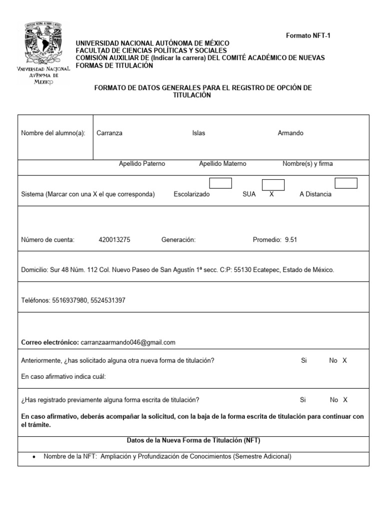 Formato De Datos Generales Para El Registro De Titulacion Fcpys Unam Pdf