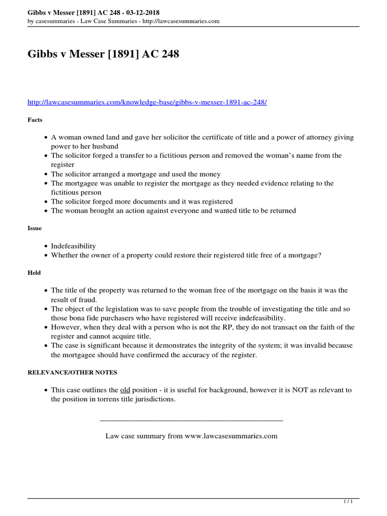 Gibbs V Messer 1891 Ac 248 | PDF | Mortgage Law | Business Law