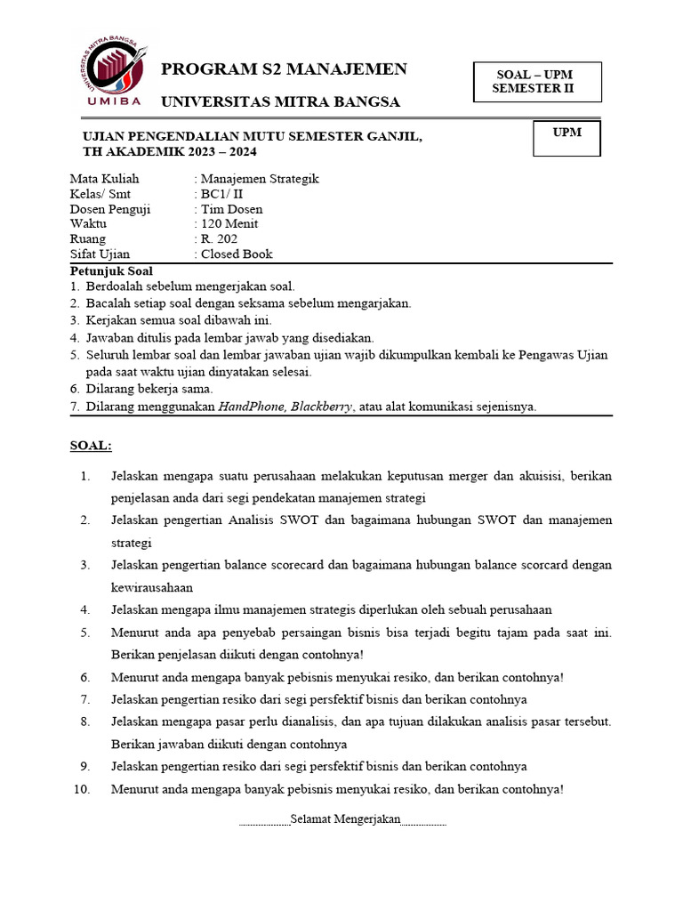 Soal Upm Ganjil 2023-2024 Semester 2 Manajemen Strategik | PDF