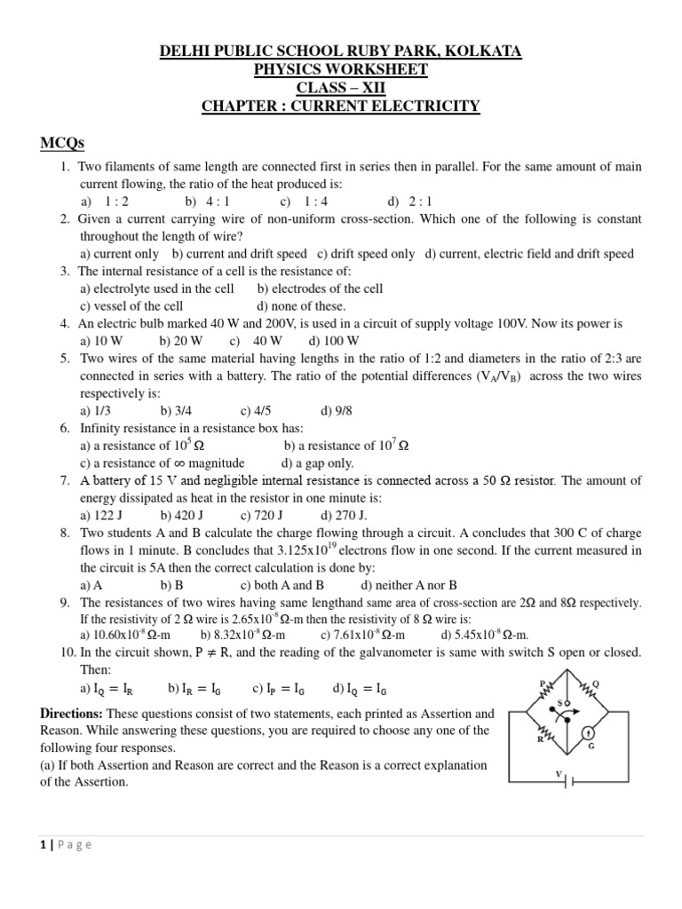 Worksheet Current Electricity 2023 | PDF | Electrical Resistance And ...