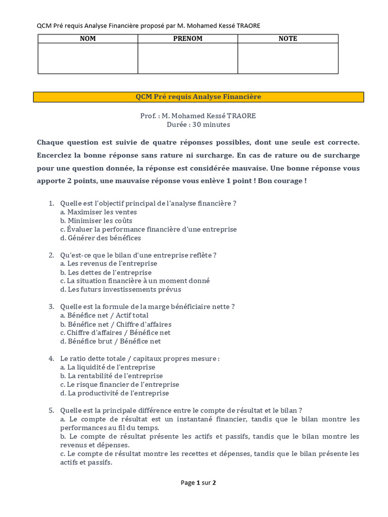 QCM Pré Requis Analyse Financière | PDF | Ratio financier | Bilan comptable
