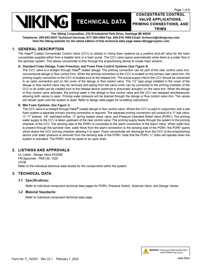 Technical Data: Concentrate Control Valve Applications, Priming ...