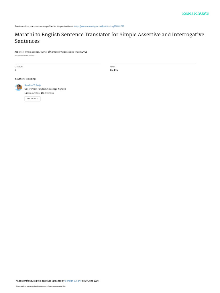 Marathi To English Sentence Translator For Simple | PDF | Parsing | Lexicon