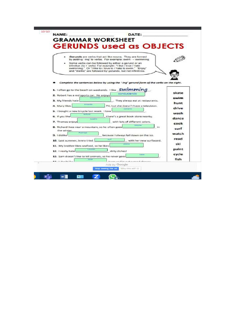 Gerunds As Object Acitivity 1 | PDF