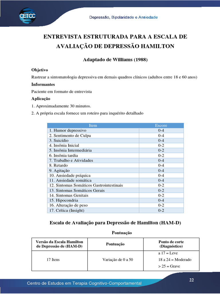 Escala Hamilton de Depressão | PDF | Depressão | Medicina Clínica