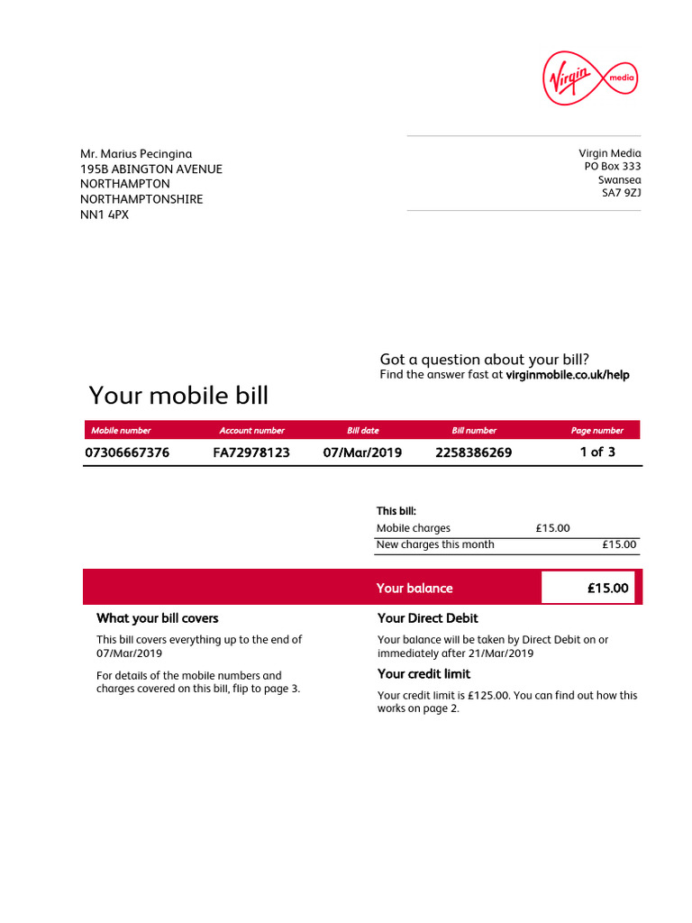 Virgin Media Ebill | PDF | Invoice | Mobile Phones