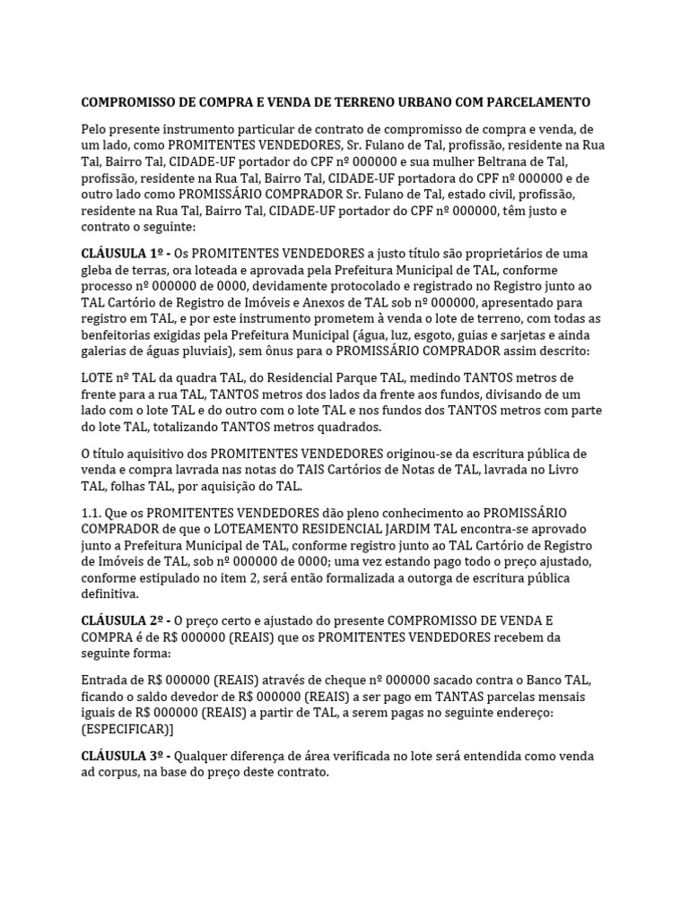 Modelo De Compromisso De Compra E Venda De Terreno Urbano Com