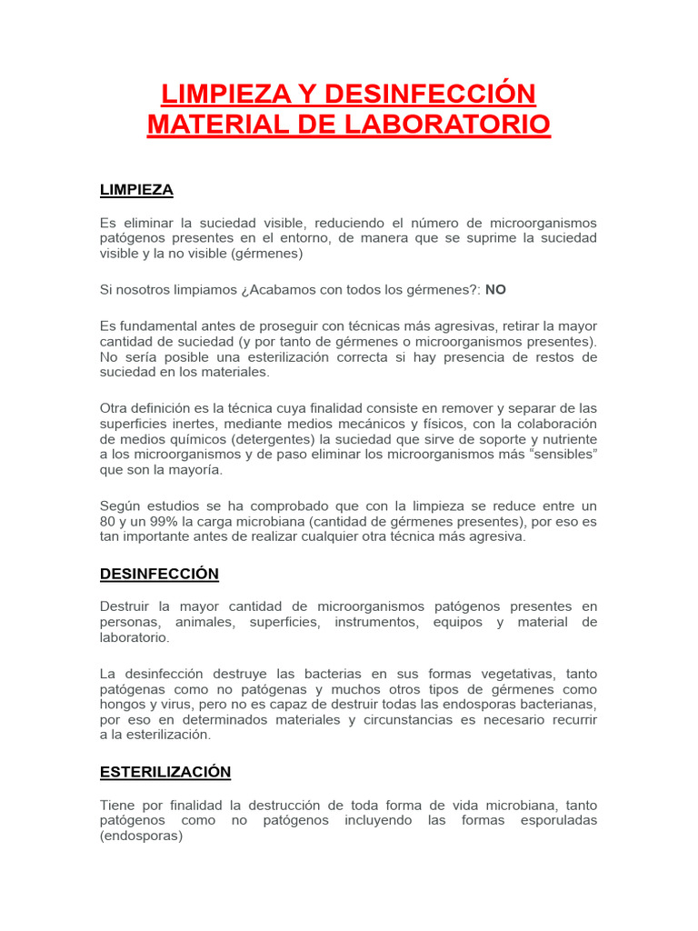 PRACTICA LIMPIEZA Y DESINFECCIÓN MATERIAL DE LABORATORIO | PDF ...