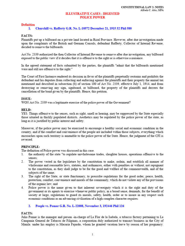 Notes - Constitutional Law 2 (Police Power) Digested-1 | PDF ...