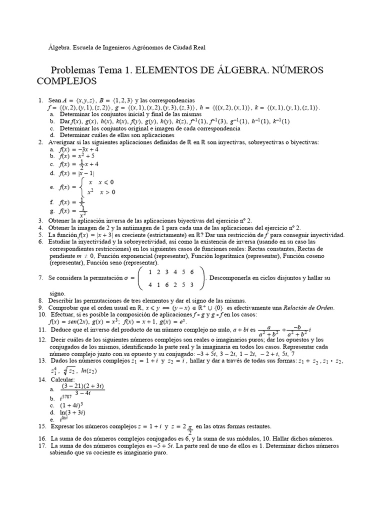 Hoja de Problemas. Elementos de Álgebra. Tema 1 | PDF | Número complejo | Análisis complejo
