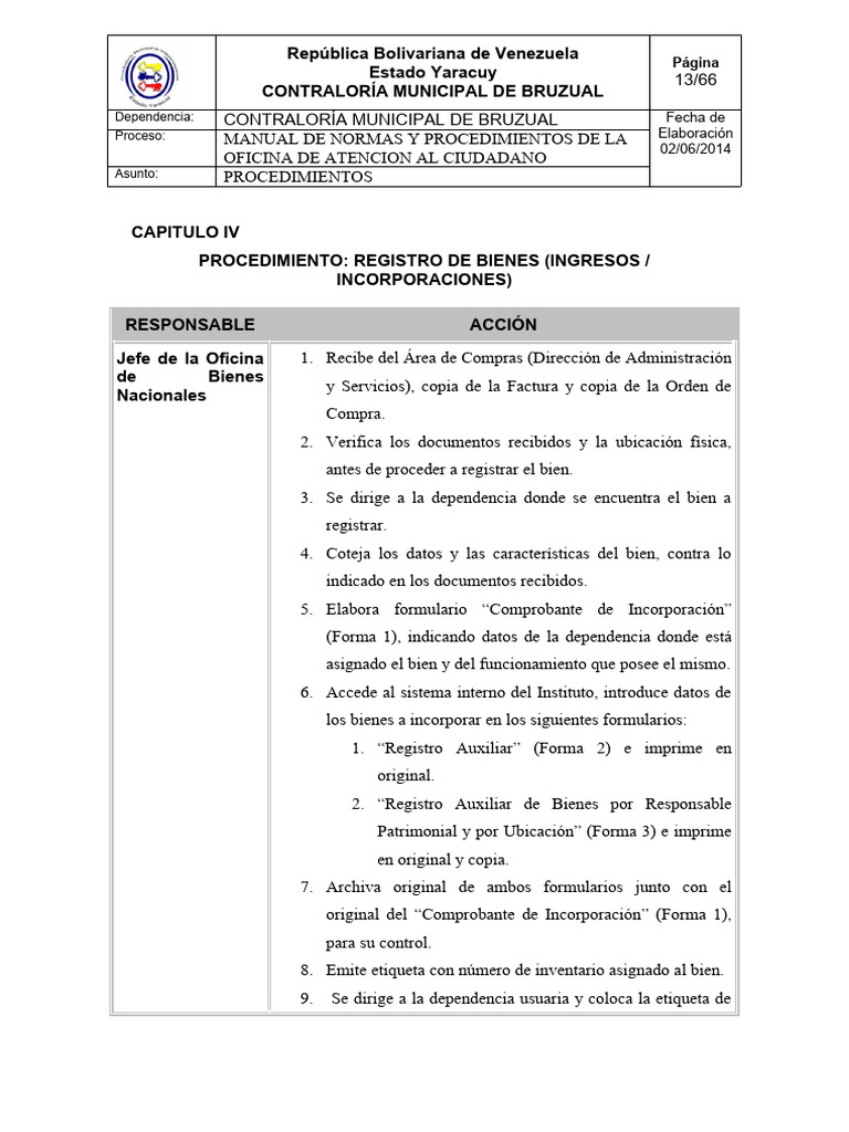 Manual Bienes Cmi Capitulo Iv Procedimientos 2 | PDF | Venezuela | Contralor