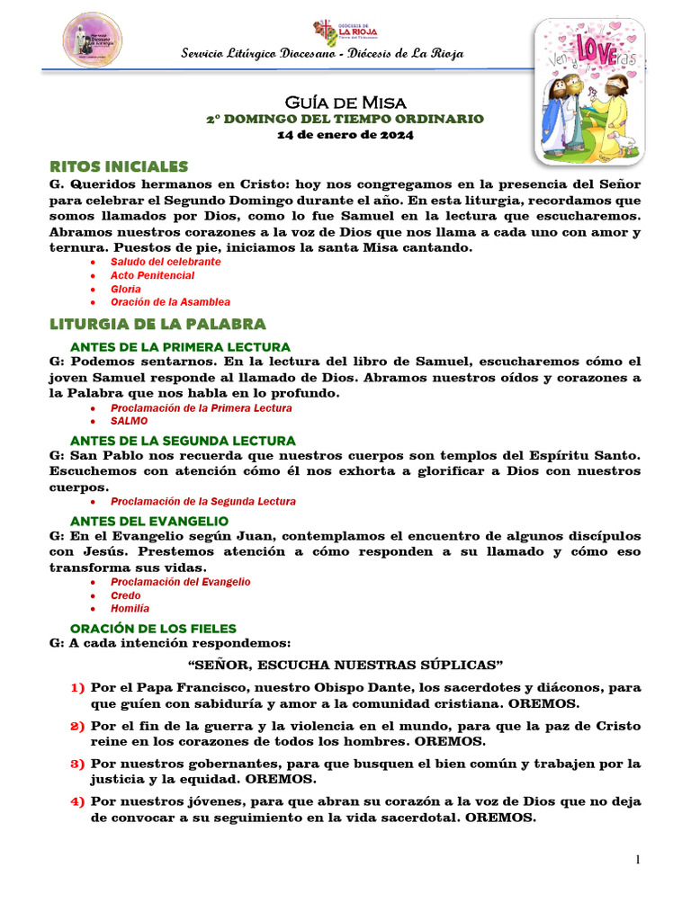 Guión 2° Domingo Durante el Año - CICLO B - 14-1-2024 | PDF | Misa ...