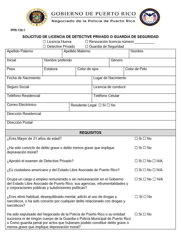 Solicitud de Licencia de Detective Privado o Guardia de Seguridad | PDF | Investigador privado ...