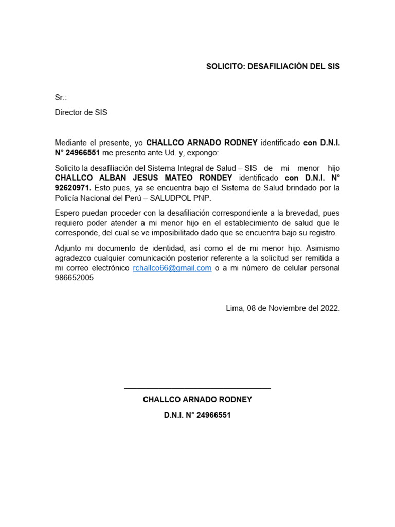 Solicito Desafiliación Del Sis | PDF
