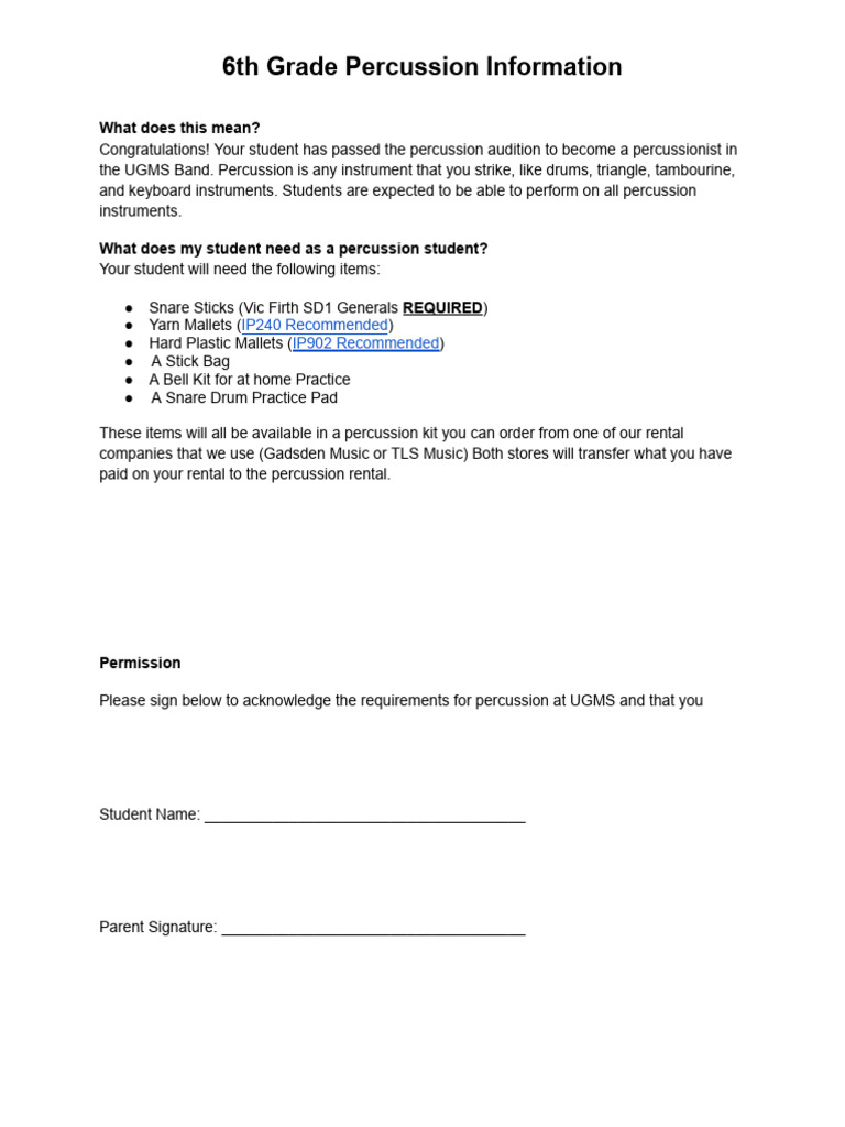 6th Grade Percussion Information | PDF