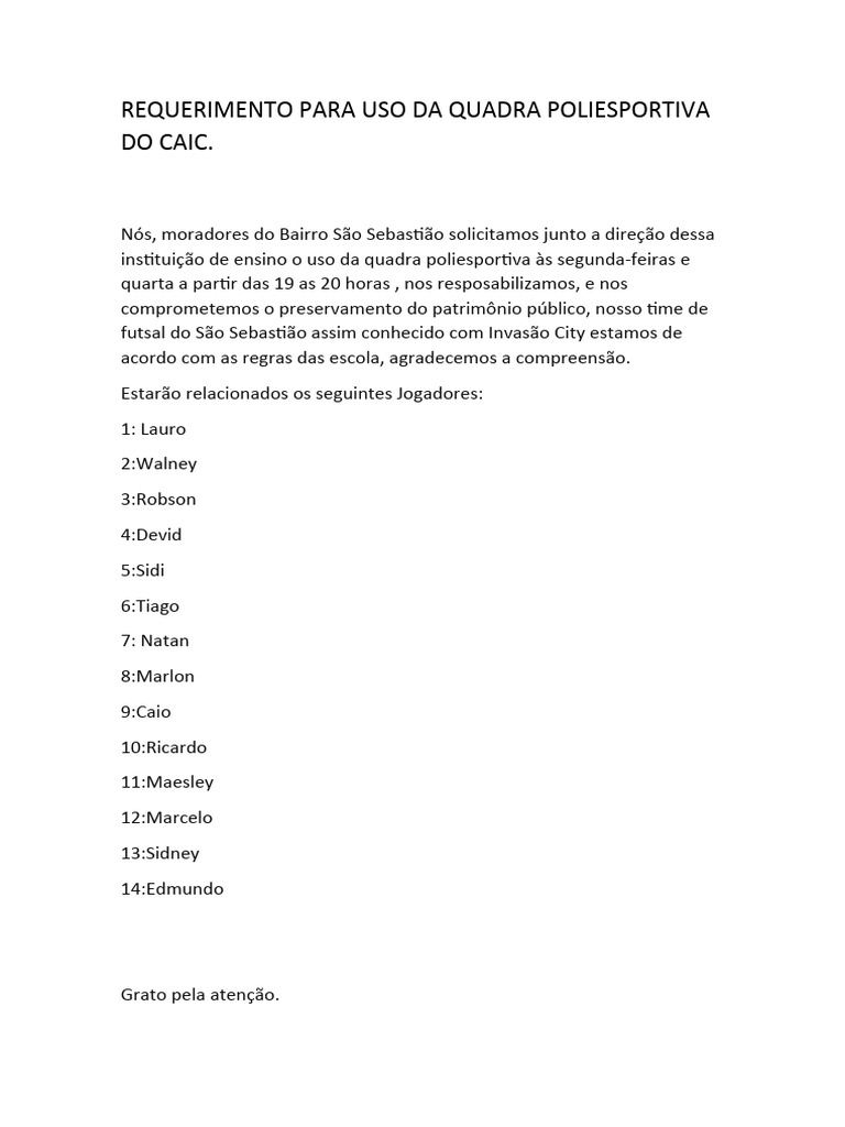 Requerimento Para Uso Da Quadra Poliesportiva Do Caic | PDF
