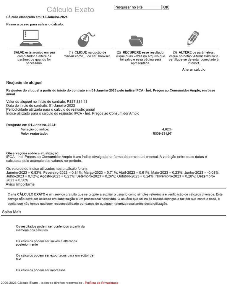 Cálculo Exato - Resultado de Reajuste de Aluguel JAN-24 | PDF ...